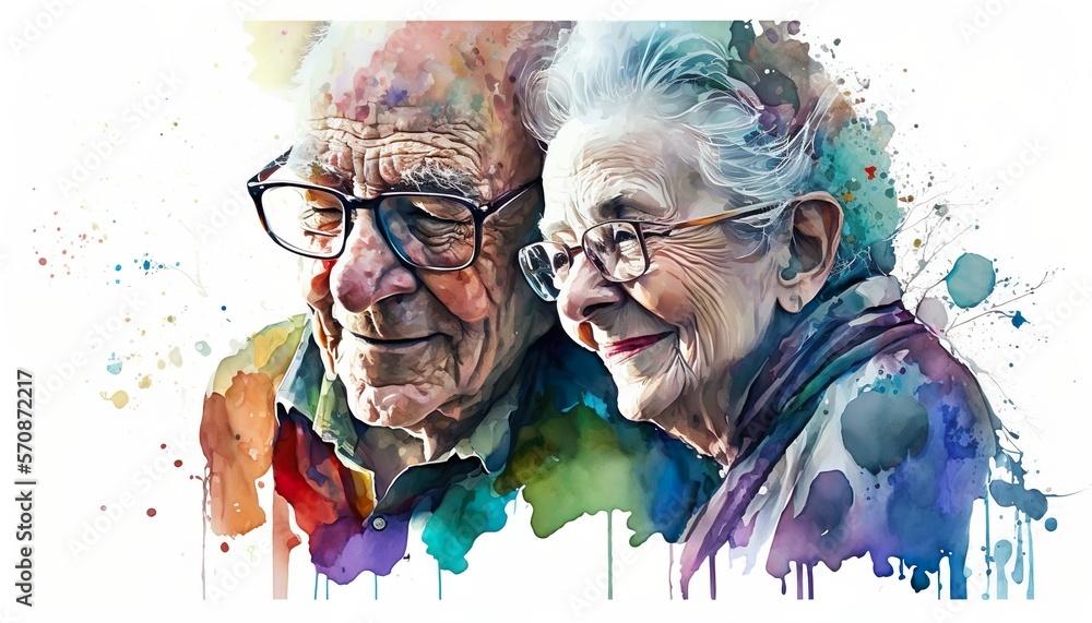 elderly couple close together with a smile, true love in old age ...