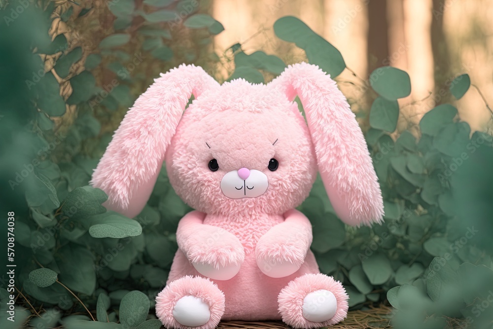 Doll of a pink rabbit with floppy ears and a sugary backdrop. Kids will ...