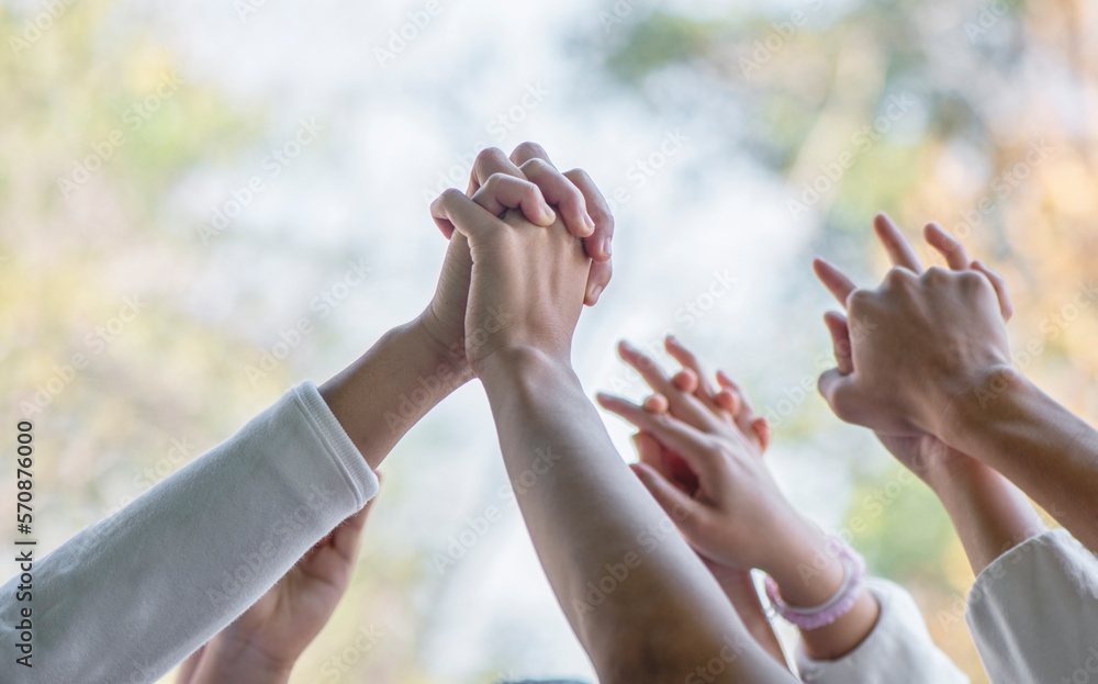 Teamwork team together hands air greeting power tag team. Group of ...