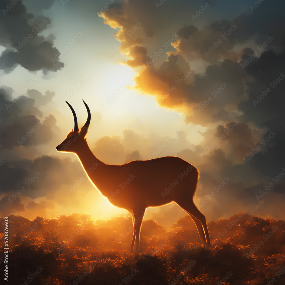 Anime style, a dikdik antelope in jungle, golden sunlight in orange sky ...