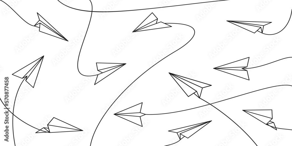 Airplane travel track. Line path icon set. Paper planes flight route ...