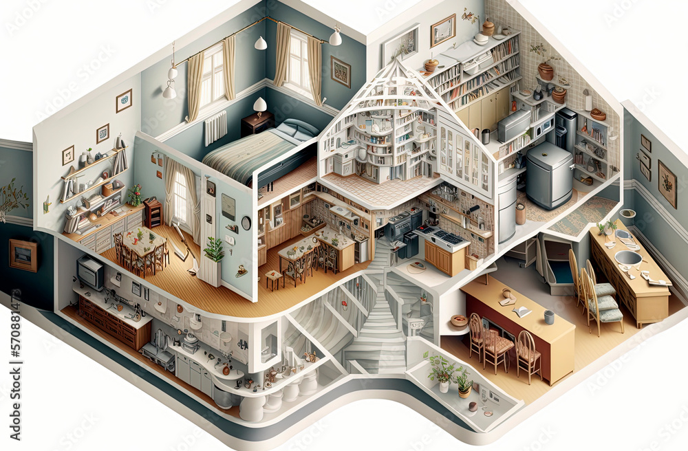 Generative AI illustration of isometric house plans, with all rooms and ...