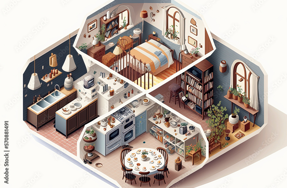 Generative AI illustration of isometric house plans, with all rooms and ...
