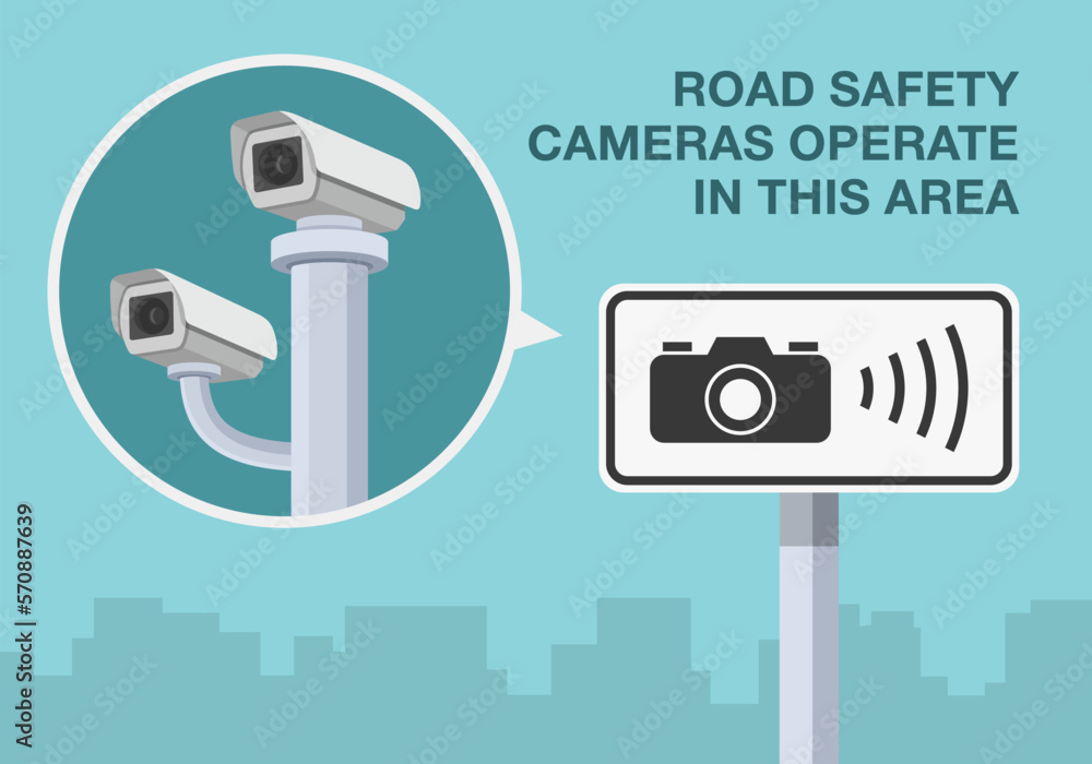 Safety driving tips and rules. "Road cameras operate in this area" road ...