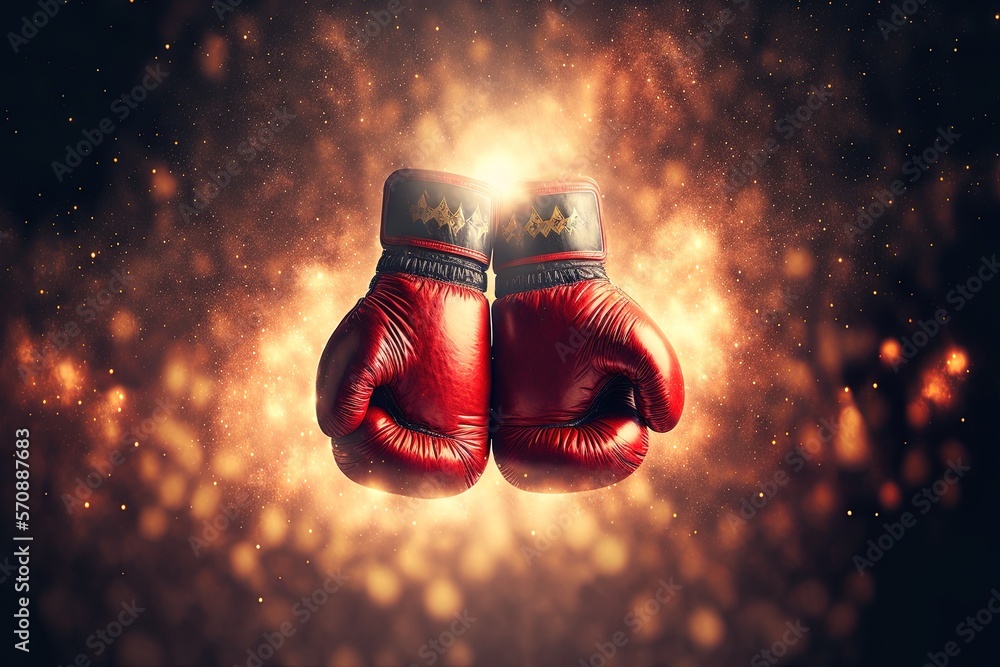 In this image, worn red boxing gloves sit over a bed of sparkling red ...