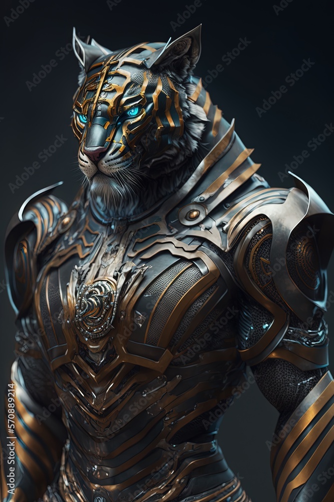 a close up of a statue of a tiger wearing armor and holding a sword and ...