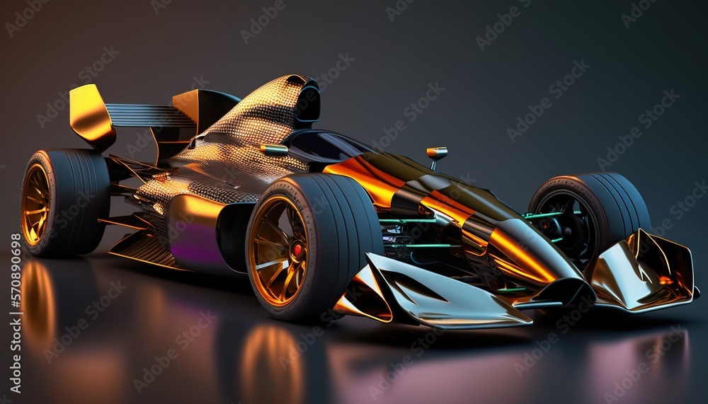 a gold and silver race car on a black background with a reflection of ...