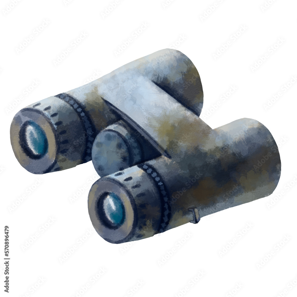 Watercolor drawing of black binoculars. Camping optical equipment and ...