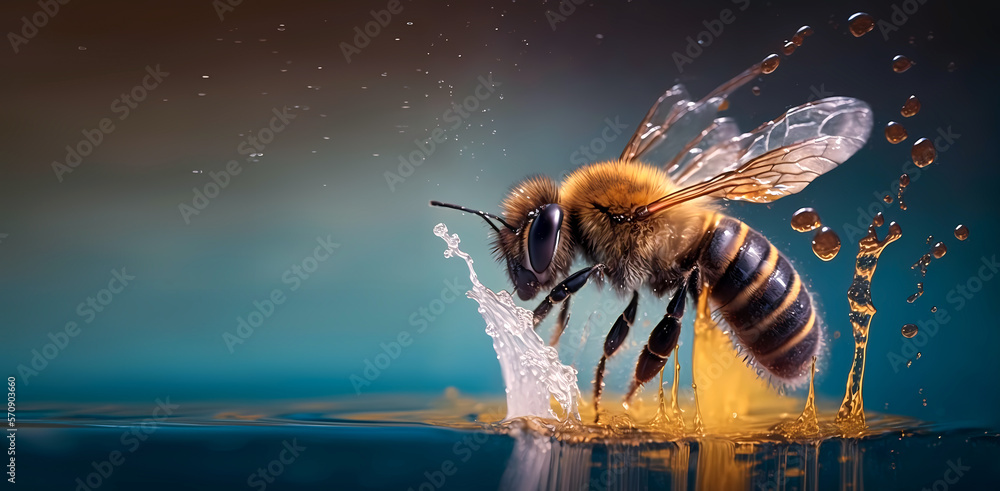 Macro photo bee with splashes of honey water on dark blue background ...