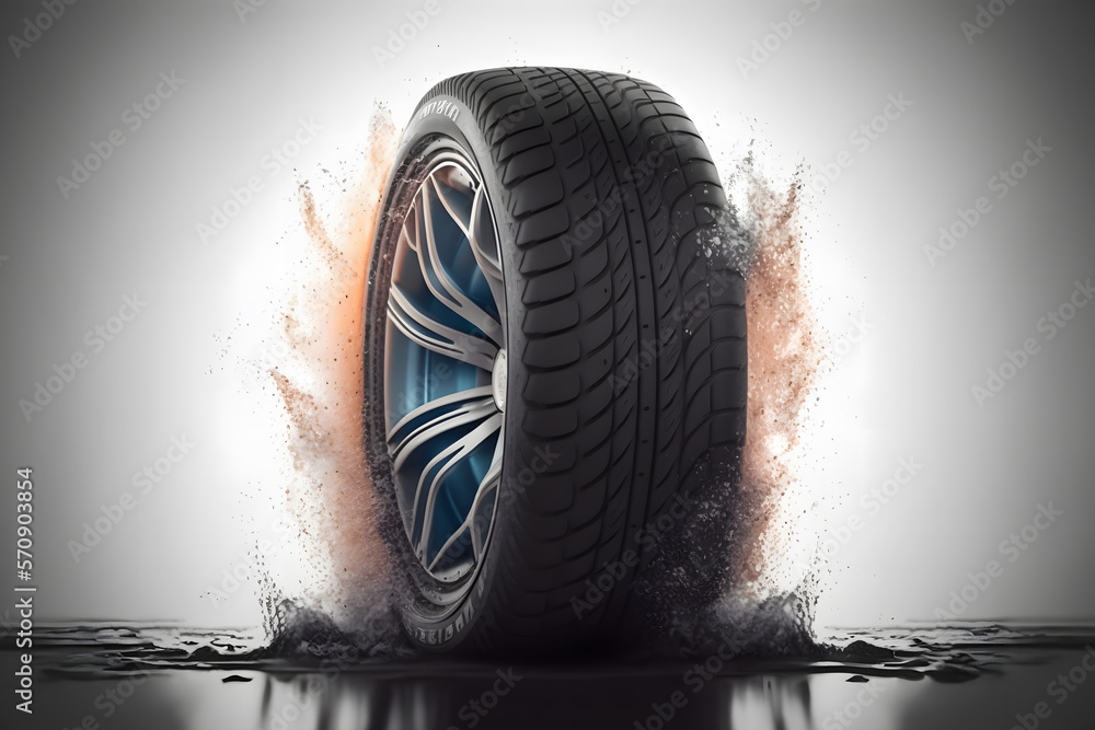 Car tire with water splash white background. Generation AI Stock ...