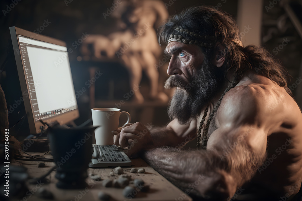 Neanderthal man or homo sapiens use computer laptop browsing internet ...
