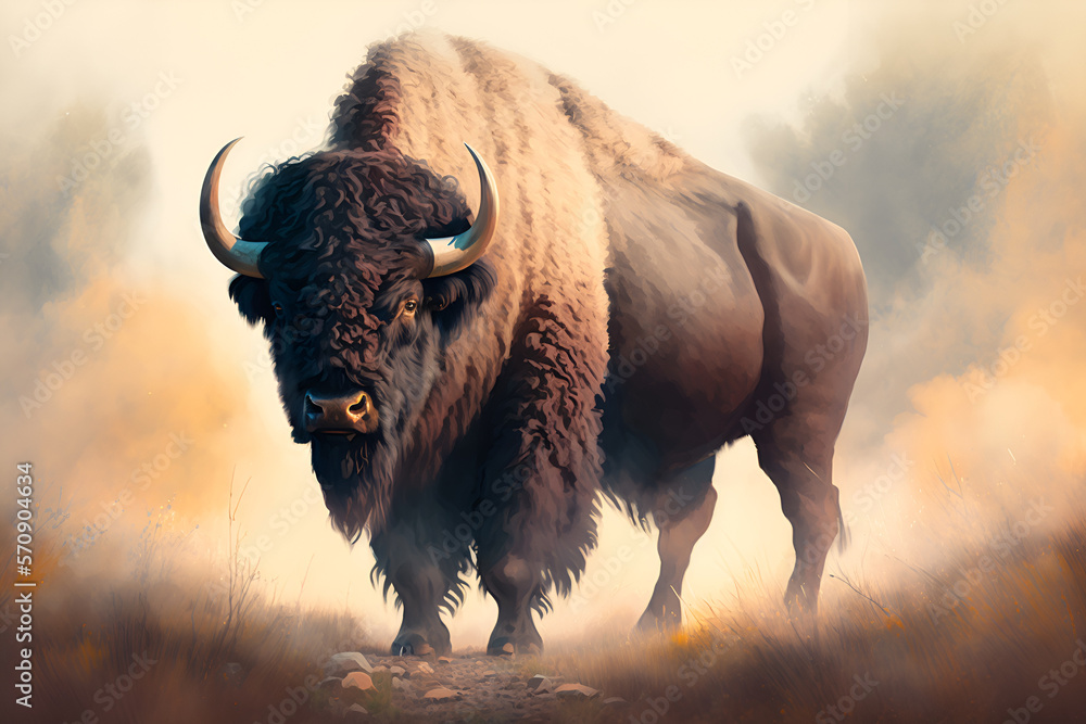 buffalo in the field. Illustration of a buffalo on the plains, American ...