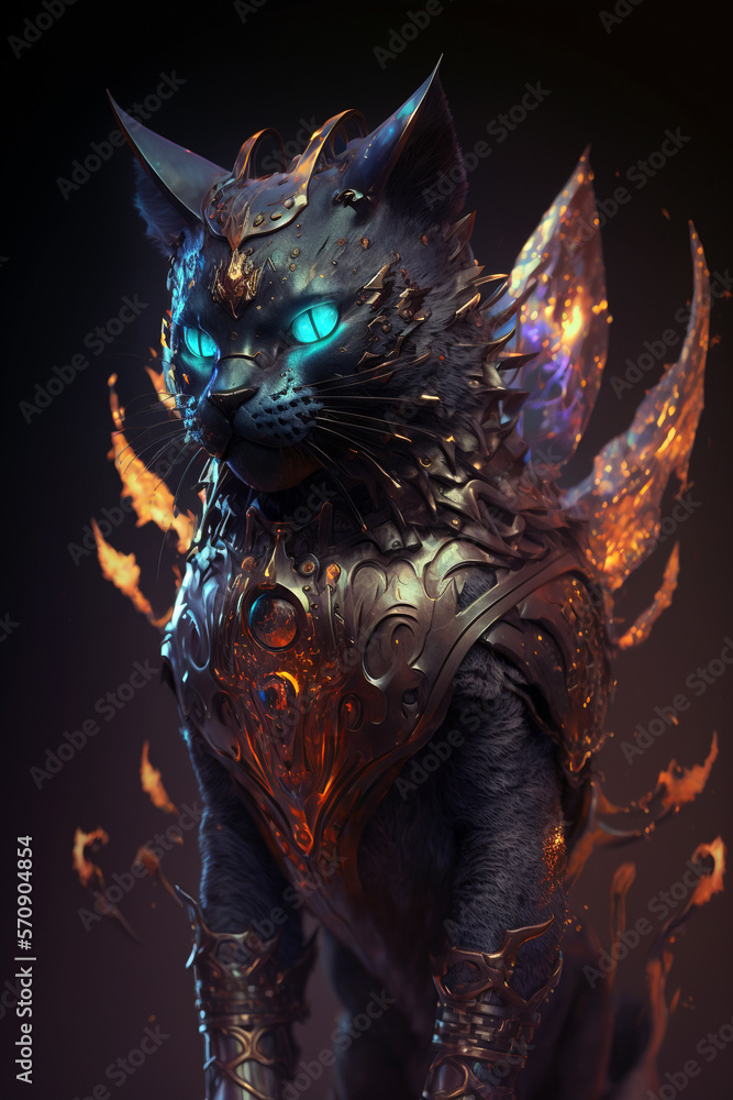 Demonic cat using tetrachromacy armor on black background. Generative ...