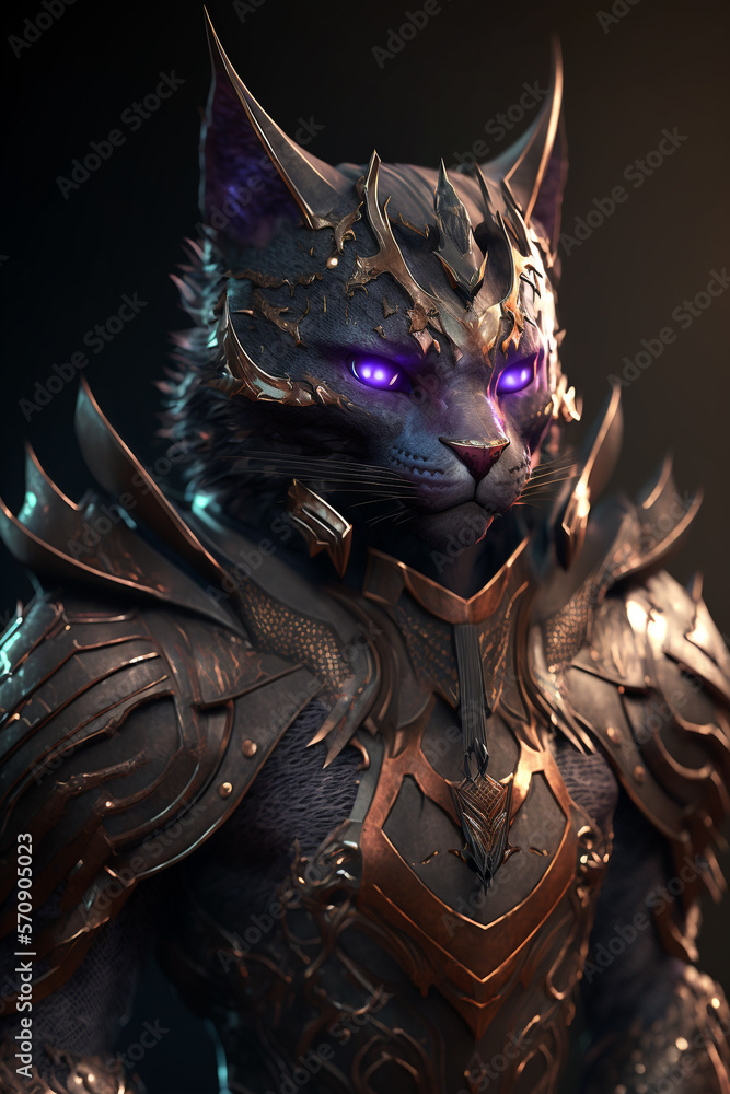 Demonic cat with purple eyes using tetrachromacy armor on black ...