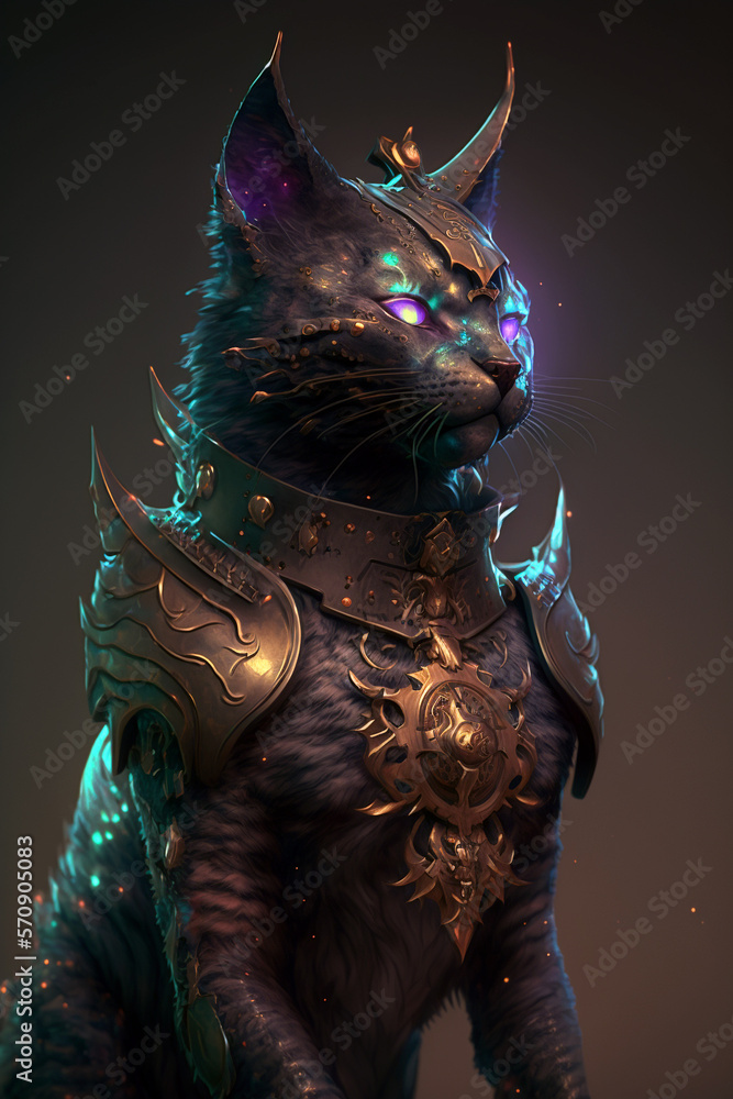 Demonic cat with purple eyes using tetrachromacy armor on black ...