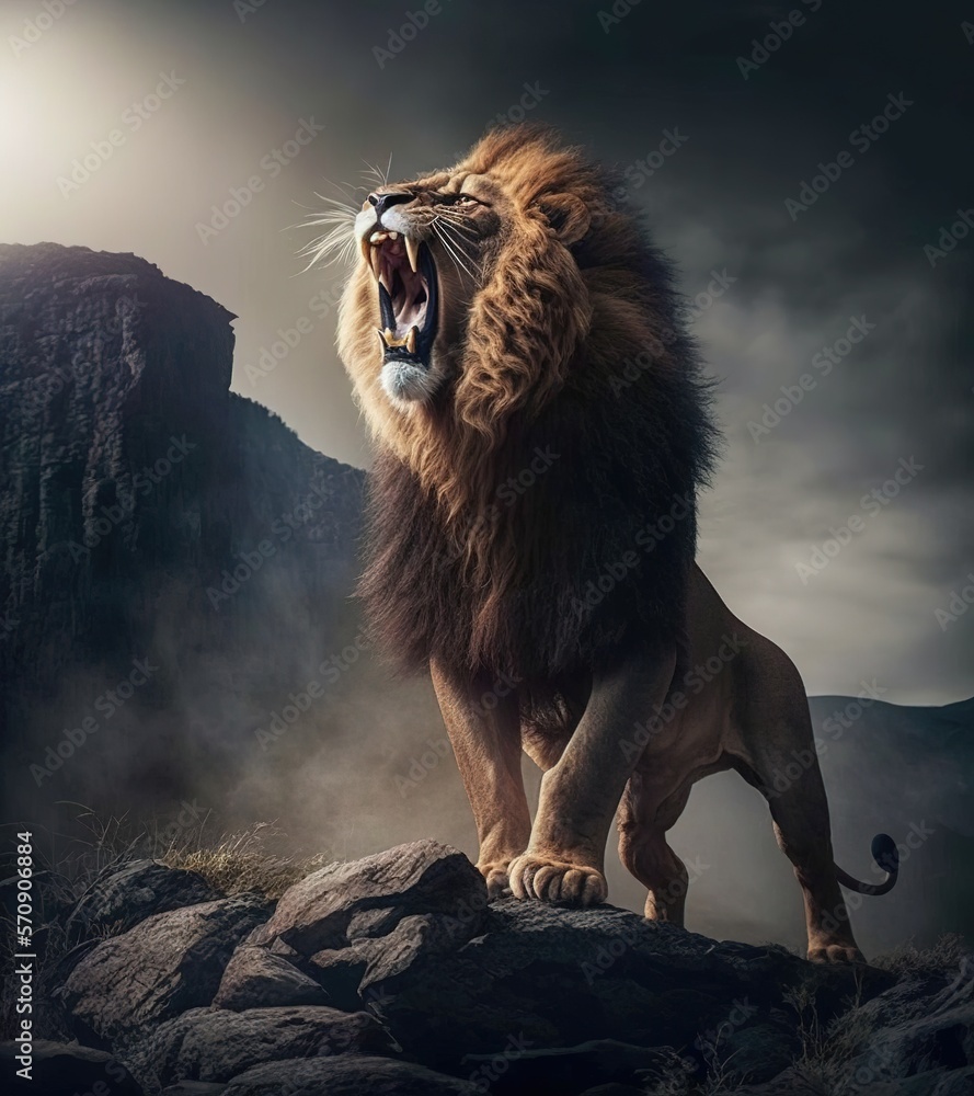 Roading lion in the mountain. Generative AI Stock Illustration | Adobe ...