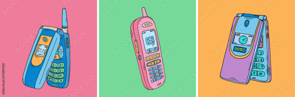Mobile phone doodle. 2000s cellphones set. Y2k trendy illustration ...