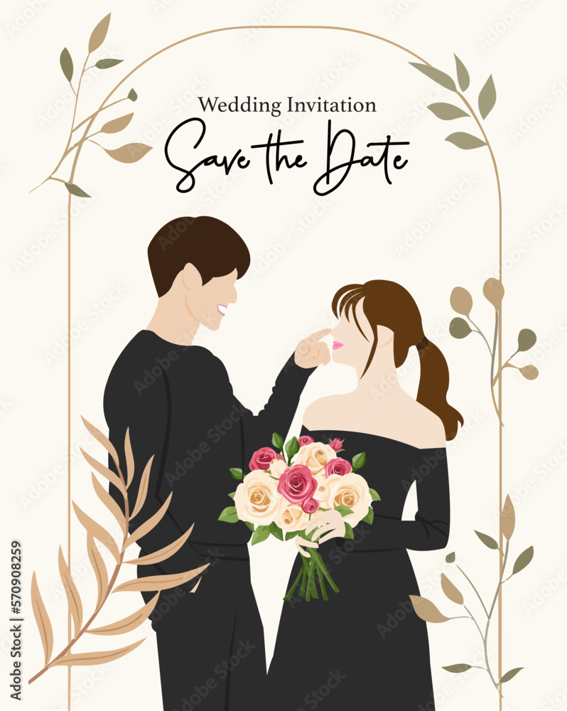 Wedding invitations card with cute couple bride and groom cartoon ...