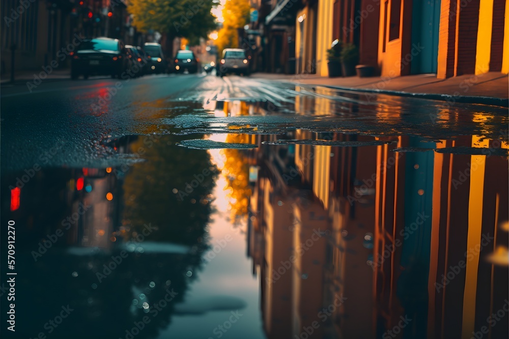 Reflections on water on the street after a rainstorm cloudy afternoon ...