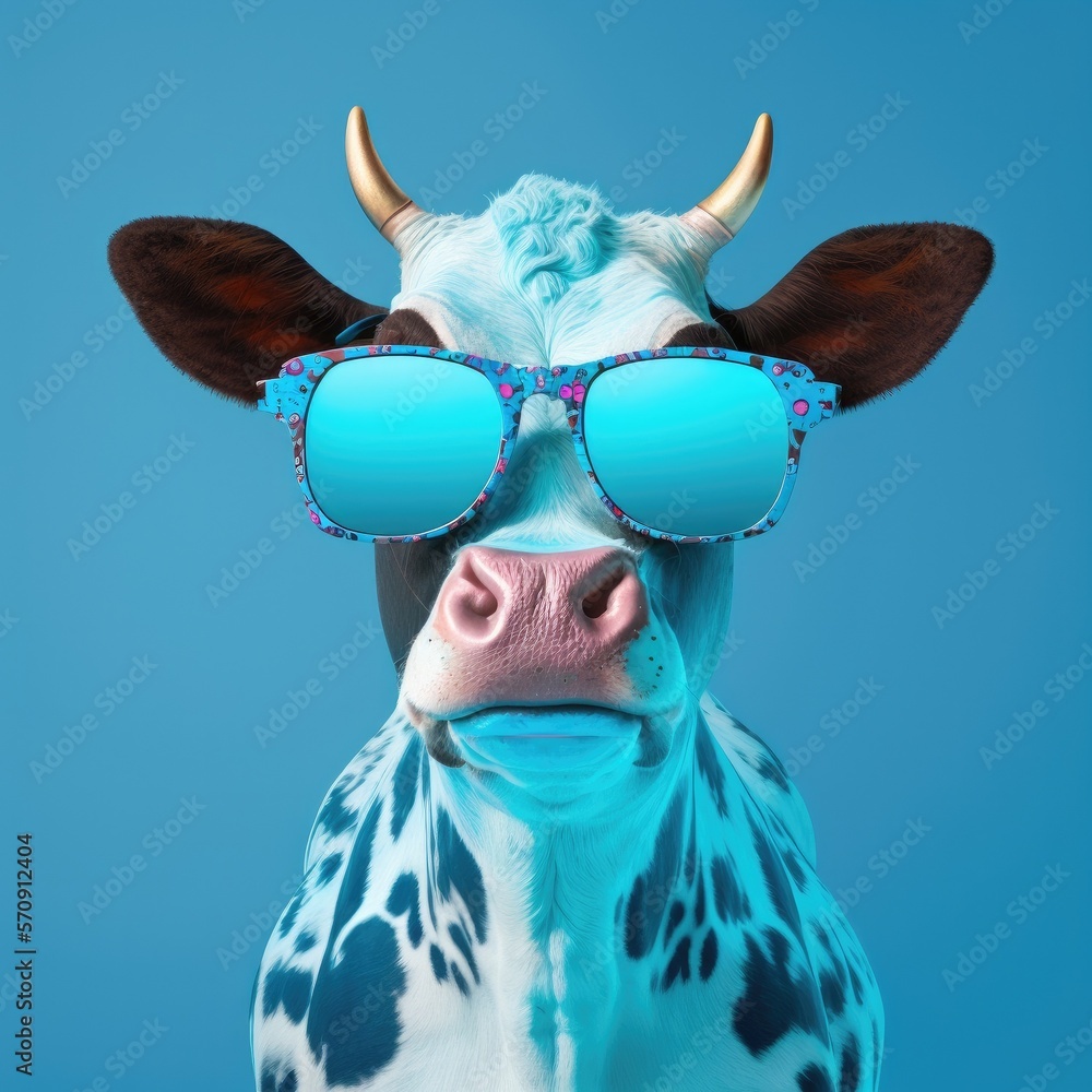 cow wearing sunglasses in front of blue studio background. Generative ...