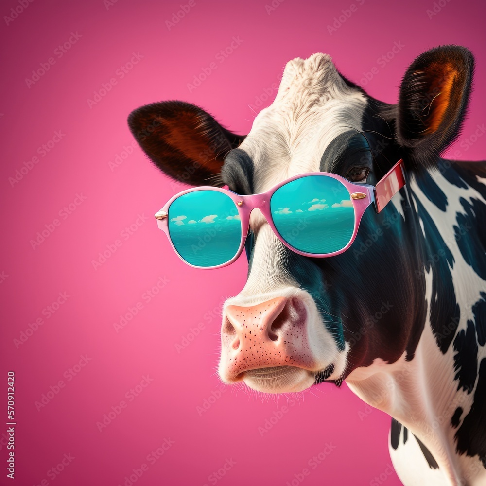 cow wearing sunglasses in front of blue studio background. Generative ...