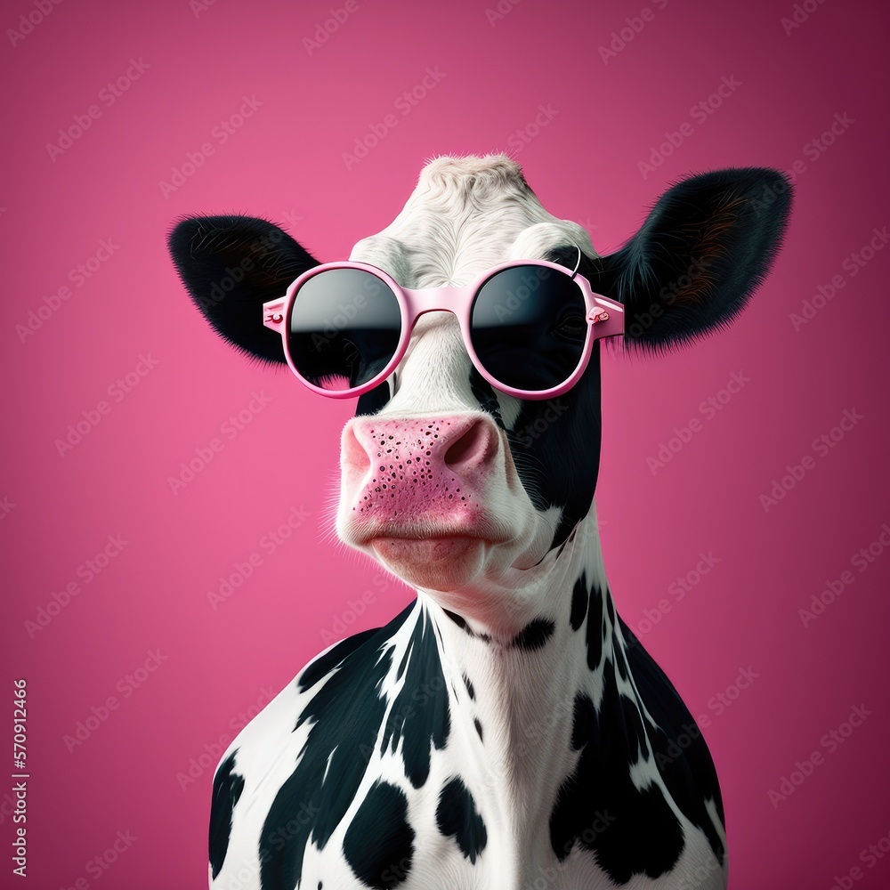 cow wearing sunglasses in front of pink studio background. Generative ...