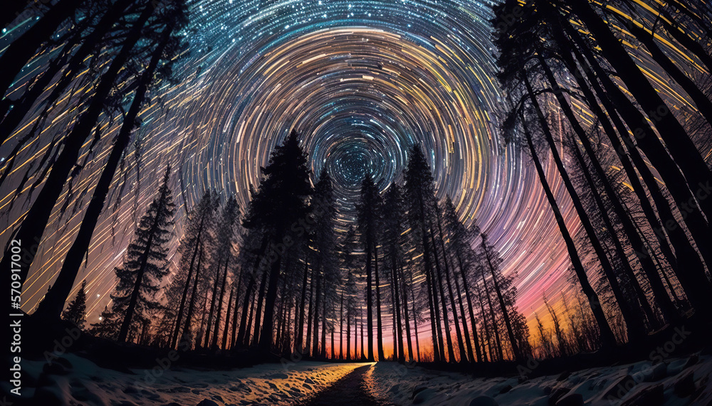 Stunning star trails motion time-lapse night sky with forest silhouette ...