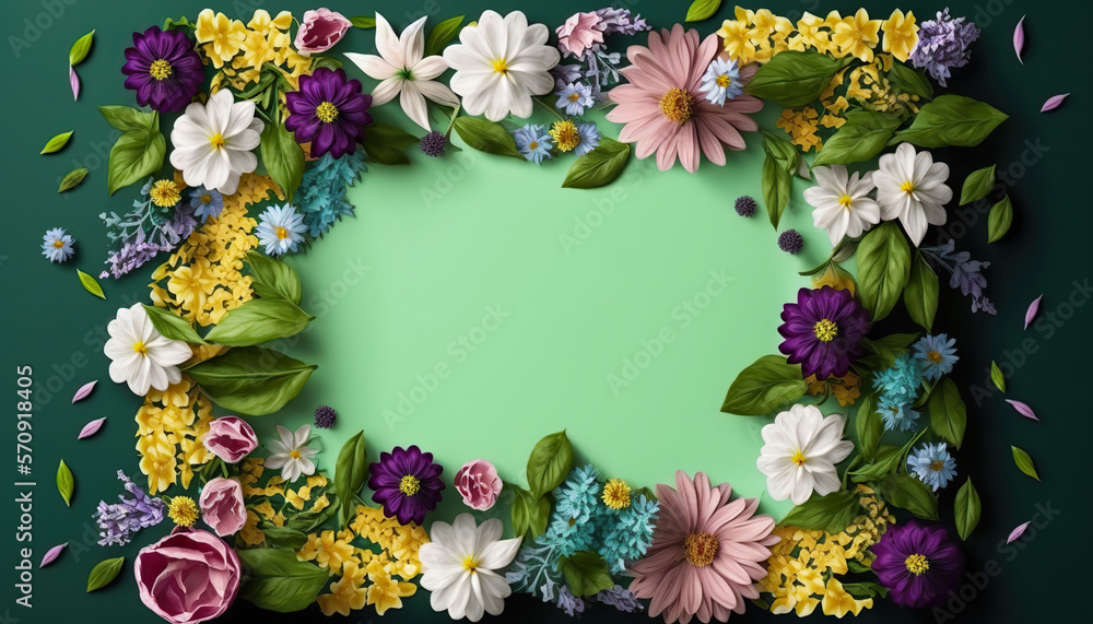 Springtime flower border frame with copy space in the middle. Beautiful ...