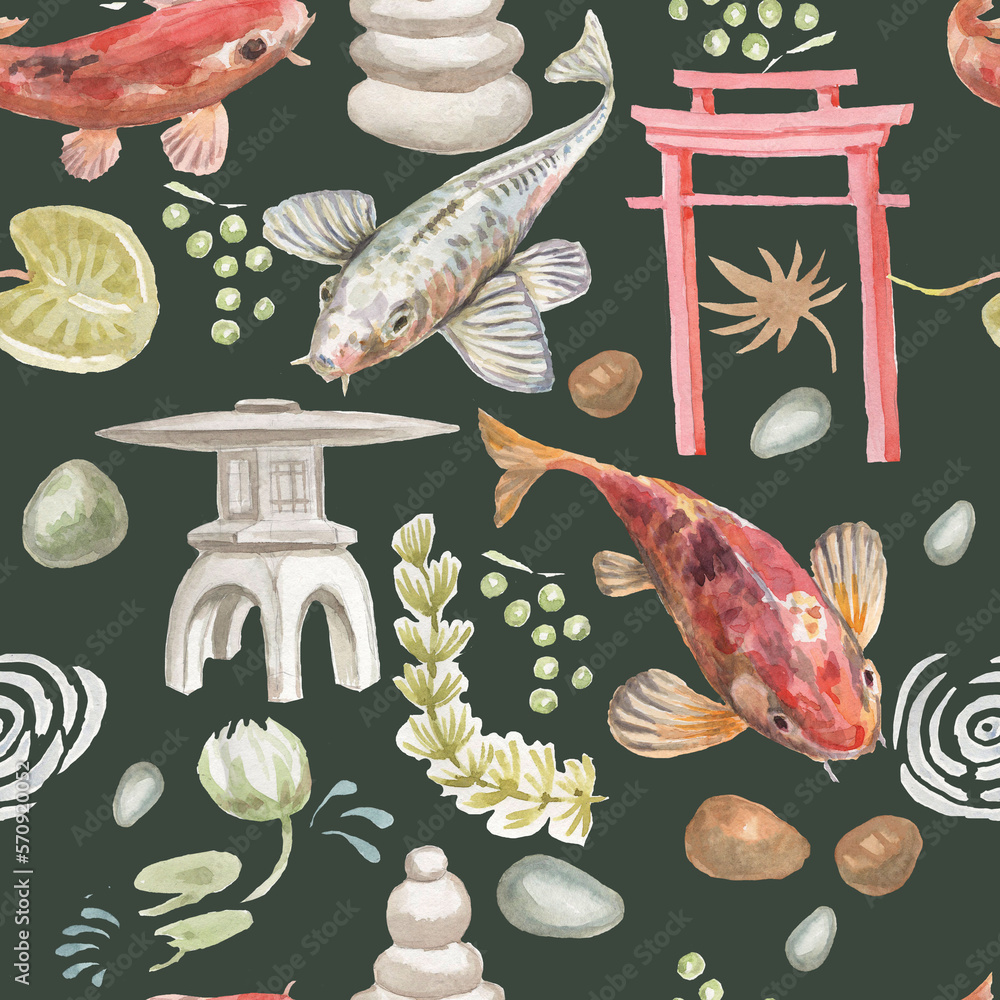 Koi fish Japanese garden pond stones lantern gate red rock garden ...