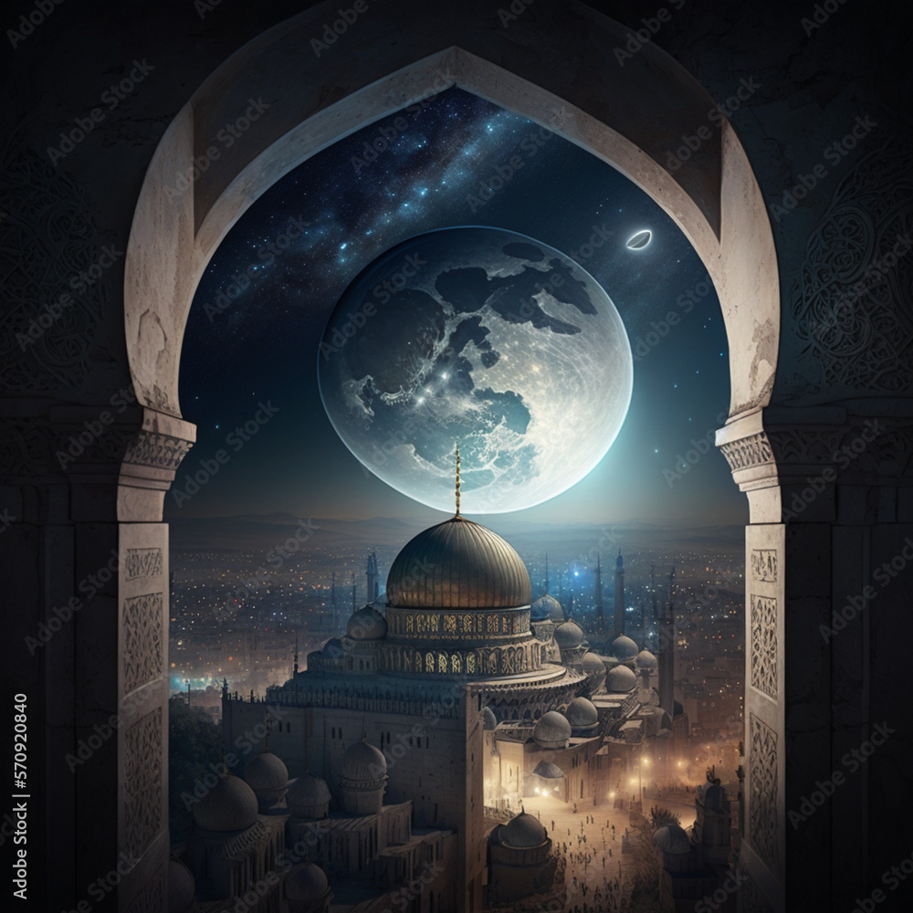 Islamic holy month big moon with mosque Stock Illustration | Adobe Stock