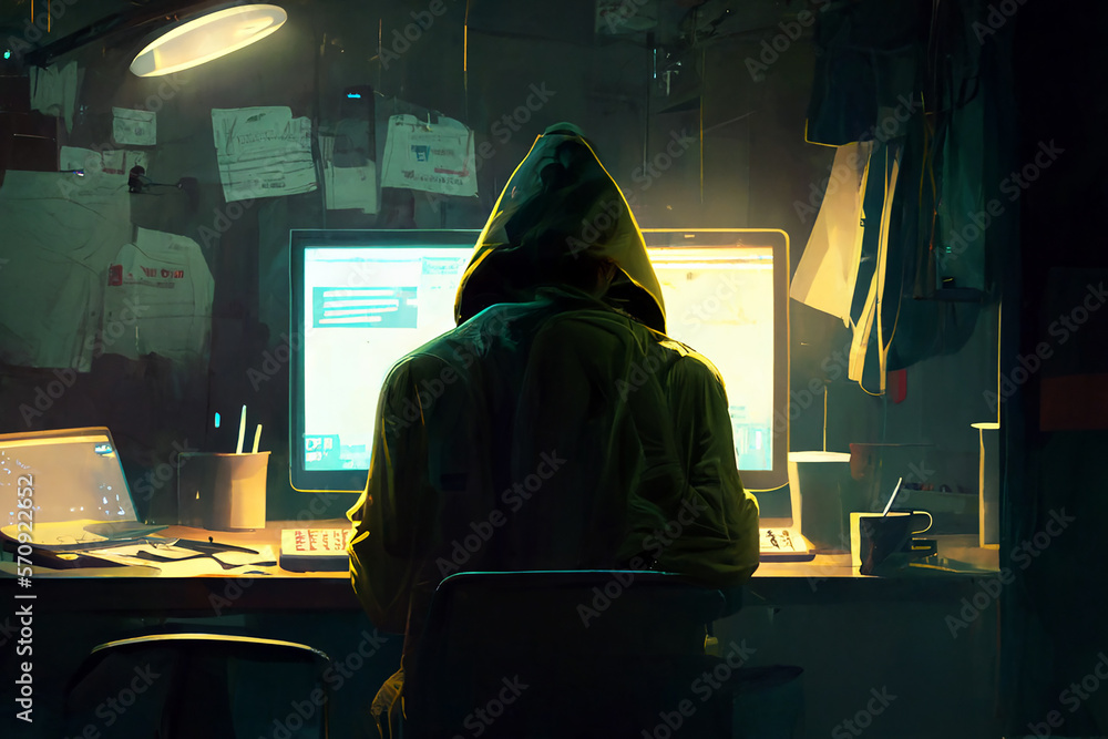 Hacker wearing hoodie using a computer alone in a room created with ...