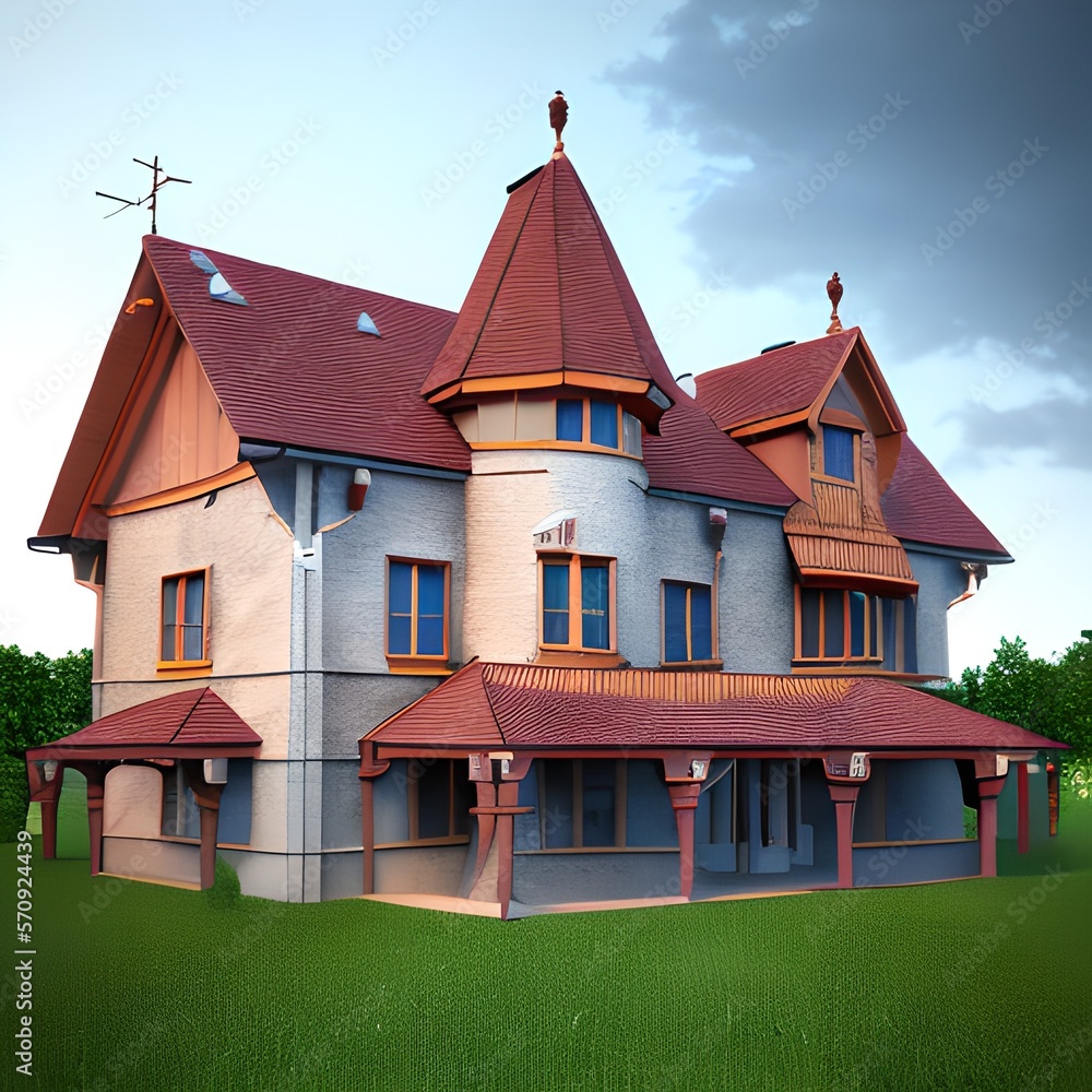 3D model of the family house, detached house, comfortable living ai ...