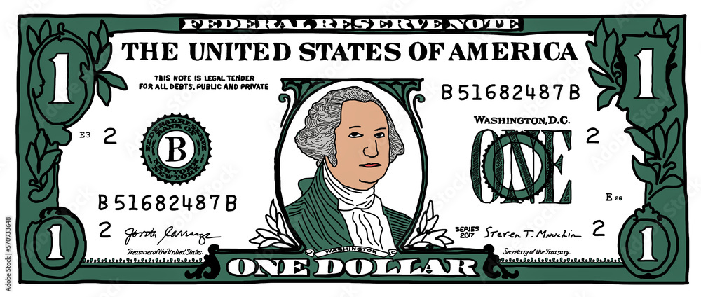 Cartoon hand drawn colorized 1 dollar banknote Stock Illustration ...