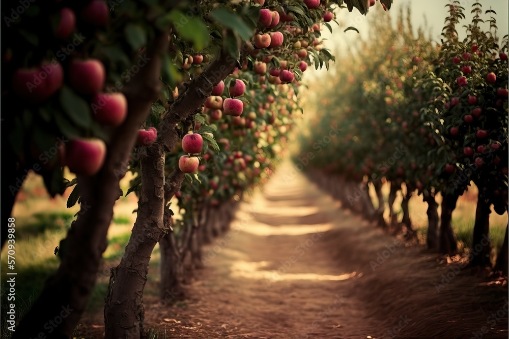 Apple trees on an organic fruit farm (Ai generated) Stock Illustration ...
