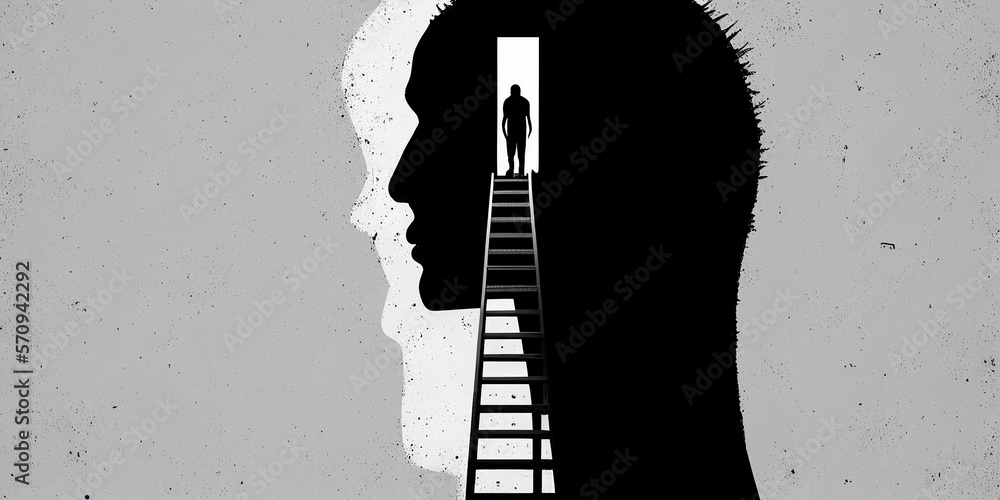 Cartoon Kopf seitenansicht mit Männchen und Leiter steigt ins Gehirn ...