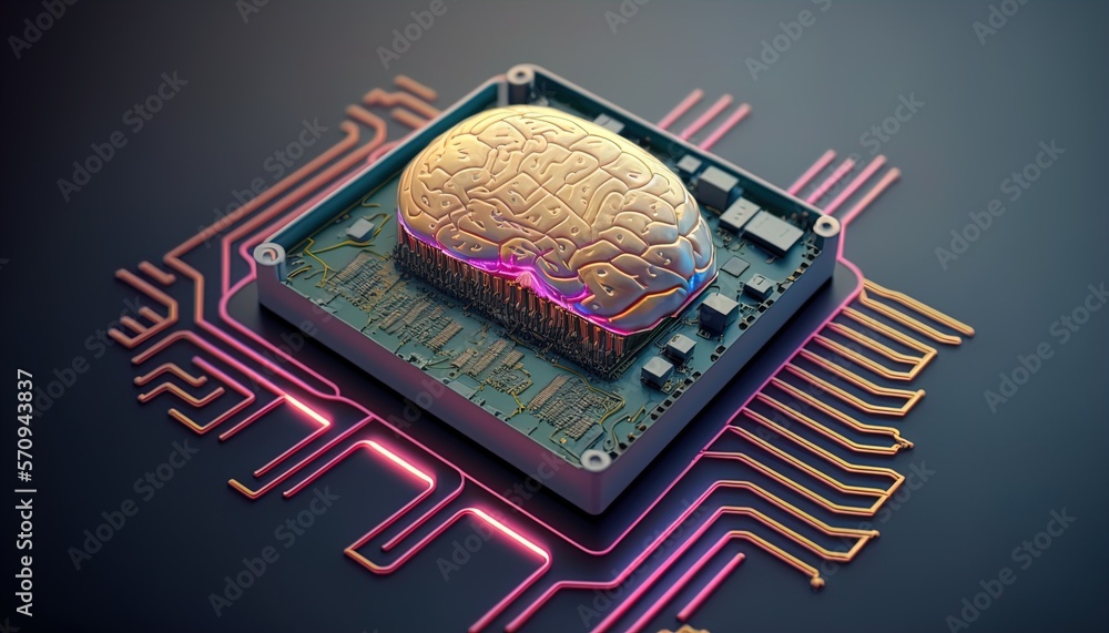 Human brain as a microchip illustration. Digitalization, business ...
