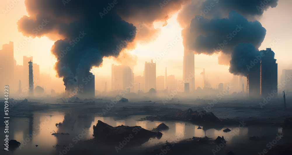 AI Digital Illustration Heavily Polluted Industrial Wasteland Landscape ...