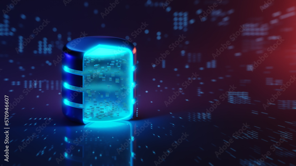 Square blocks or small cubes are collected in a database against a blue ...