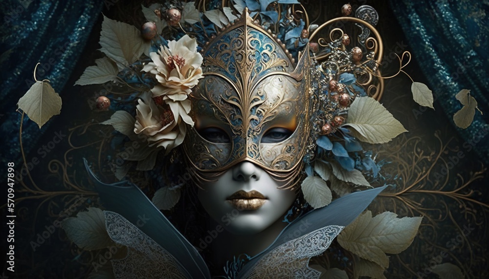 a woman wearing a mask with flowers on her head and leaves on her head ...