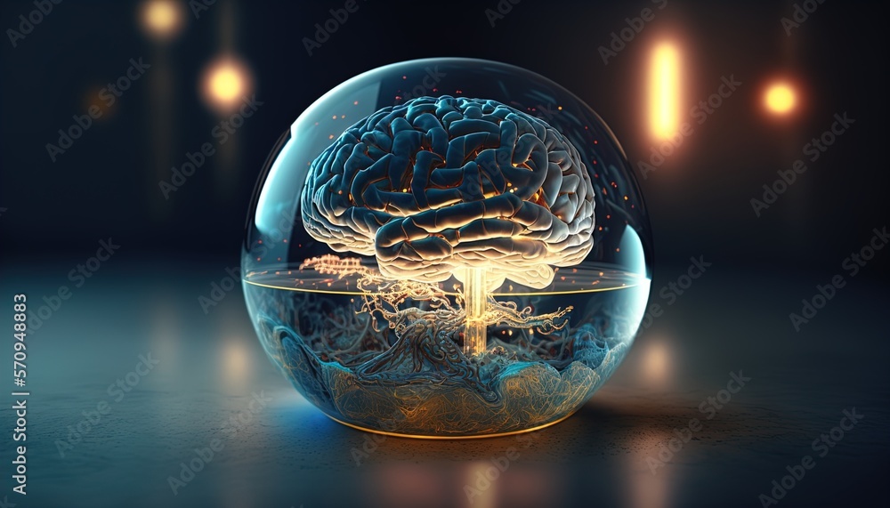 Human brain in a laboratory digital illustration. Colorful areas ...