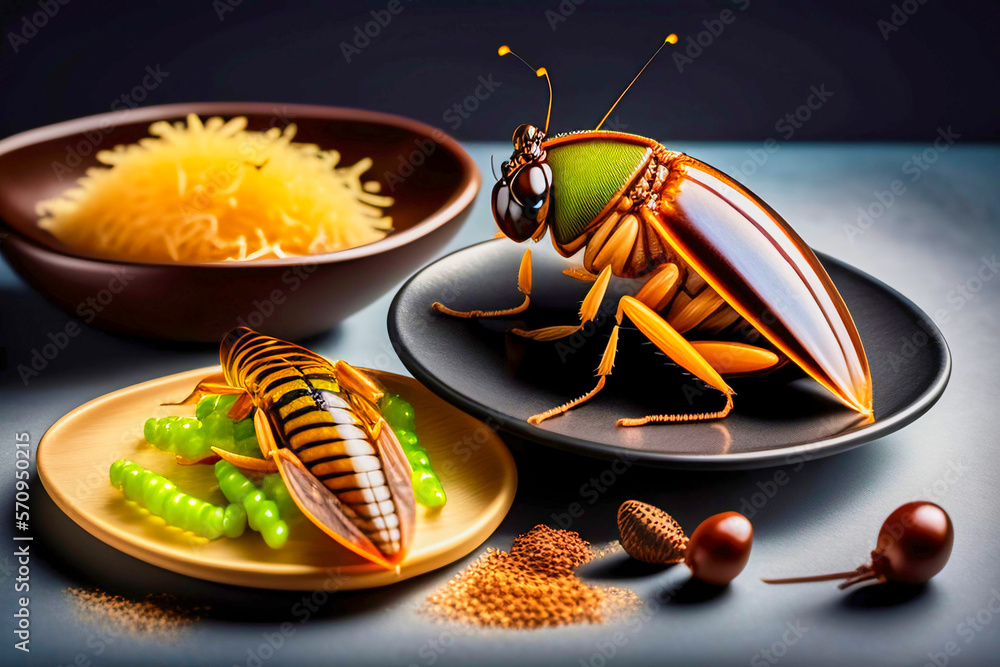Graphic of oversized stylized insects on plates on a dinner table ...