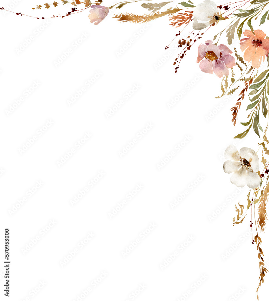 Watercolor beige wildflowers boho corner border. Dried herbs, grass ...