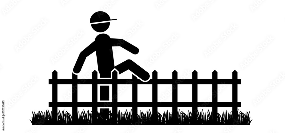 Cartoon, please do not climbing on fence balustrade. Stickman, stick ...