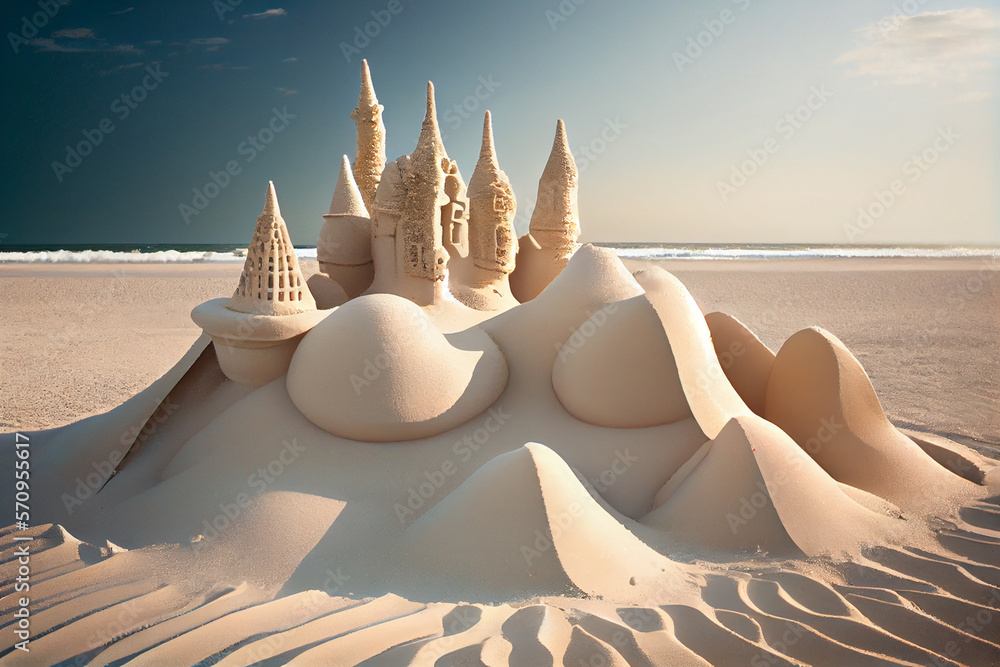Built House sand castle with towers on the south shore of the sandy ...