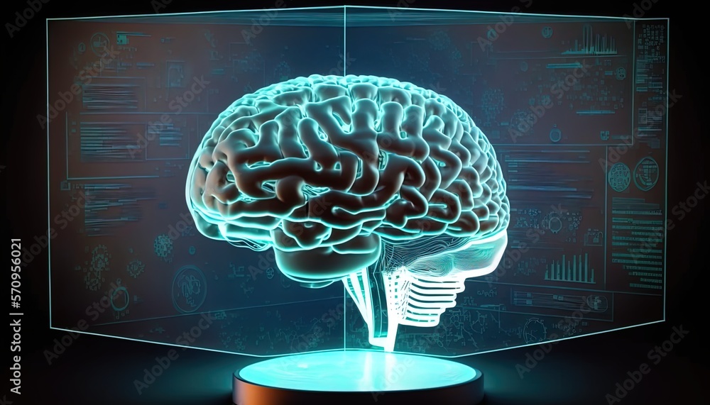 Luminous fluorescent brain hologram, digital mindset, technological ...