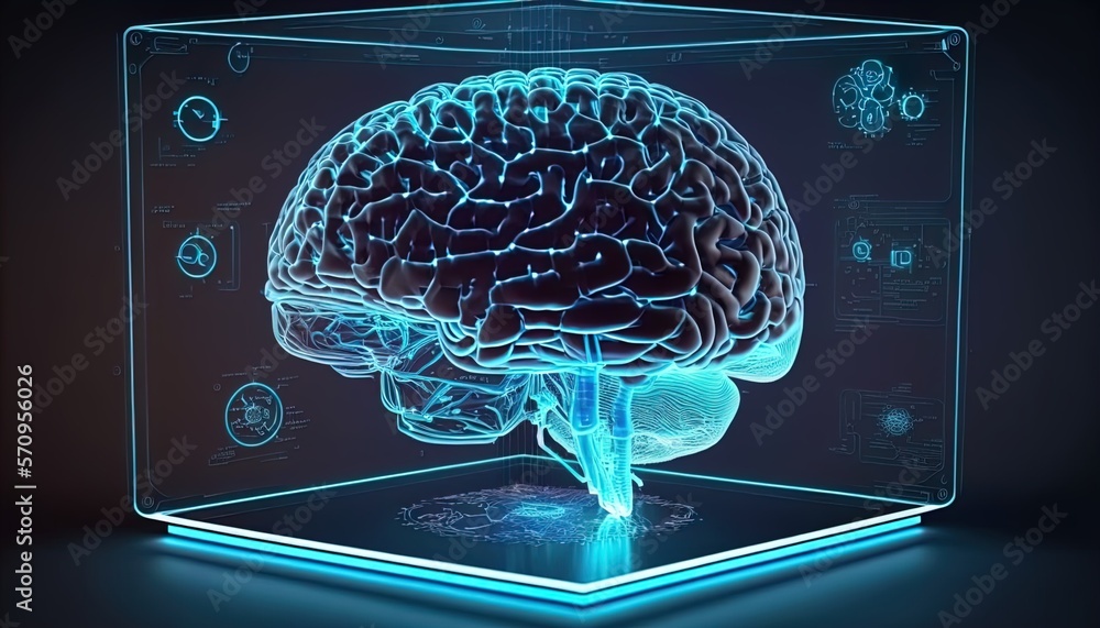 Luminous fluorescent brain hologram, digital mindset, technological ...