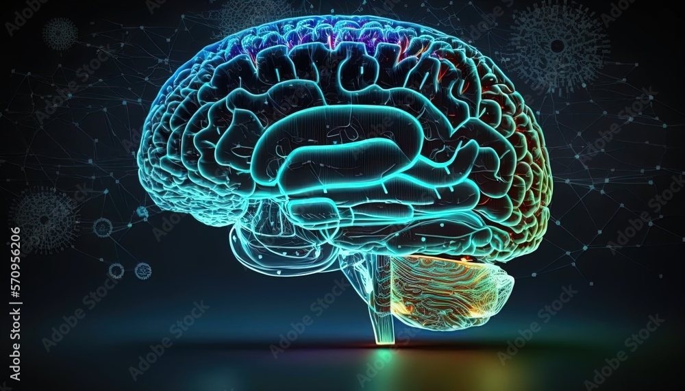 Luminous fluorescent brain hologram, digital mindset, technological ...