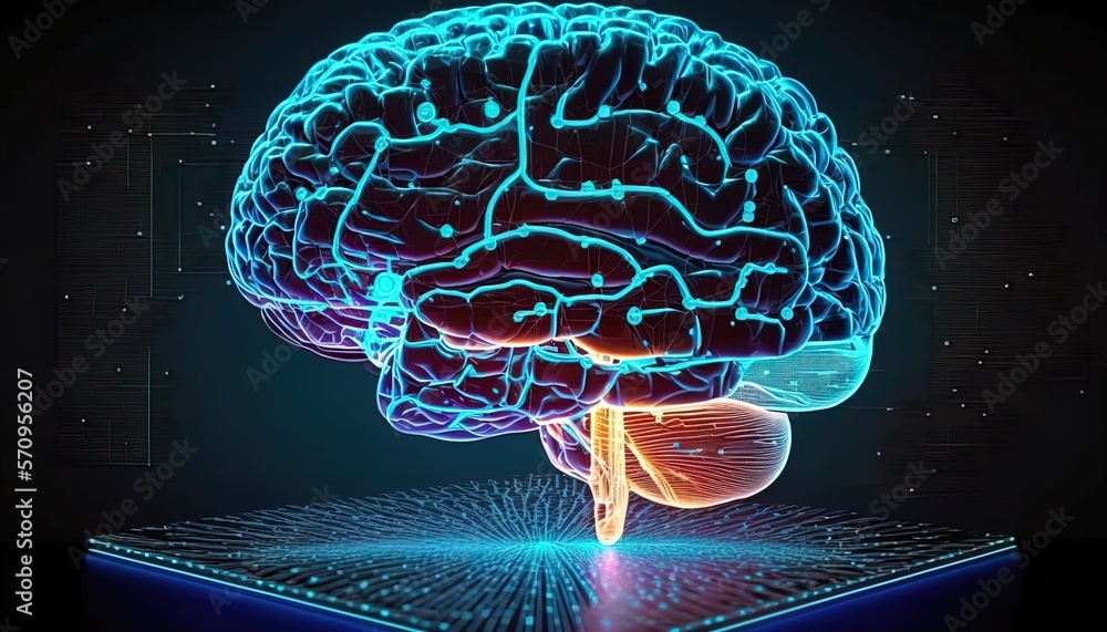 Luminous fluorescent brain hologram, digital mindset, technological ...