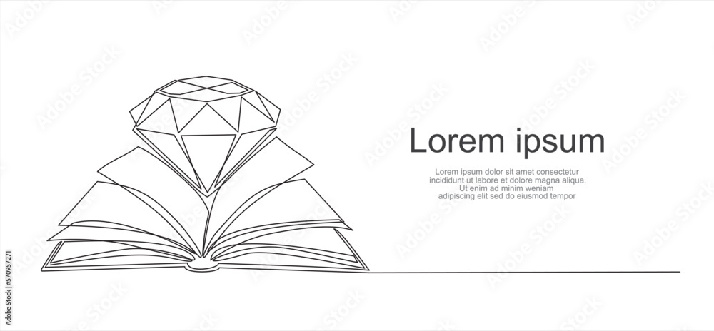 continuous one line drawing of diamond, brilliant and open book ...