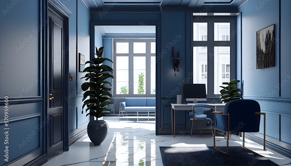 Modern living room, small and luxury office lobby with periwinkle blue ...